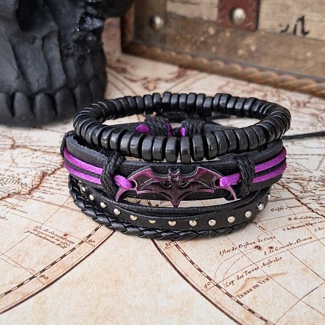 Bat Bracelet Set, Gothic Leather Bracelets. Emo Bracelets, Adjustable ...