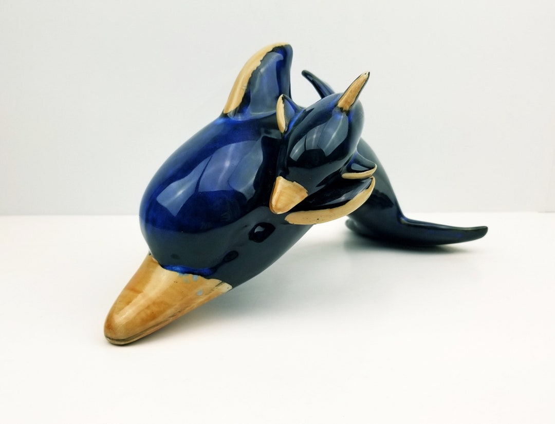 Pottery Dolphin & Calf Statue Hidrip Glaze Blue Dolphin Mom and Baby ...