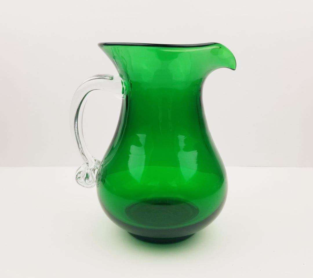 Walter Blenko Signed Emerald Green Pitcher With Clear Applied Handle ...