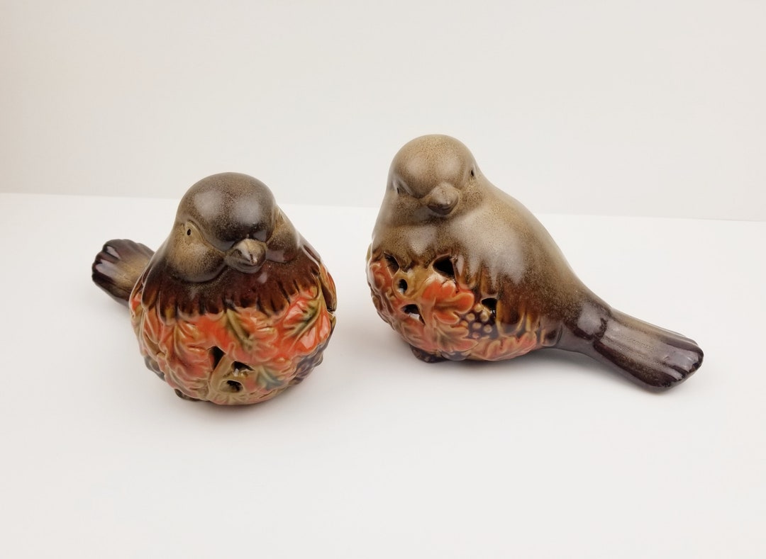 Ceramic Birds Set of 2 Sparrow Figurines With Rustic Hollow Scrolling ...