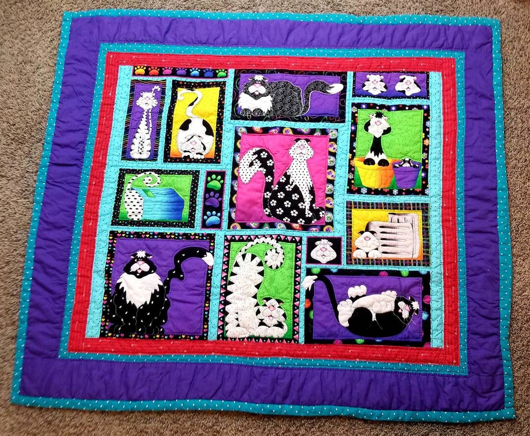 Cat Mini Quilt 55in by 42in. Vintage Patchwork Quilted Cat Tapestry ...