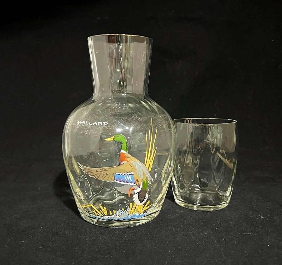 Ned Smith Mallard Duck Bedside Carafe Vintage Optic Glass Tumble up Ned ...