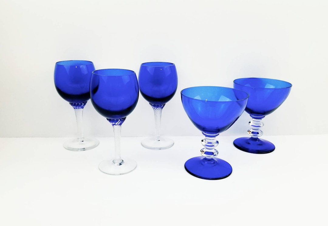 Vintage Cobalt Stemware- 5pc Set. VTG Blue Colbalt Wine/water Goblets ...