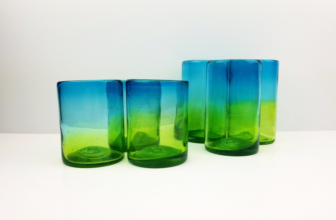 Ombre Glass Tumblers Set of 6 Vintage Mexican Blown Glass Blue Green ...