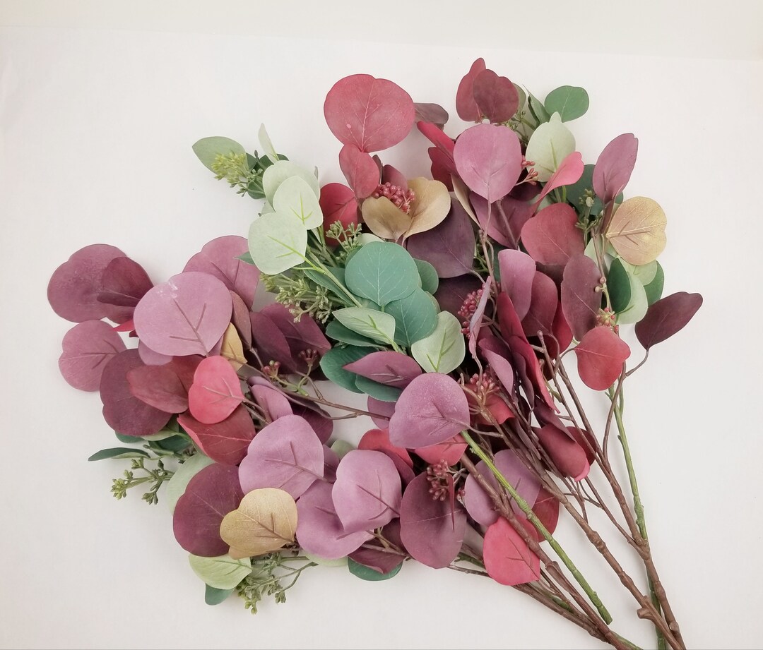 Faux Eucalyptus Variety - 7 Stems - 20" - Artificial Red & Green Eucalyptus Stem With Greenery ...