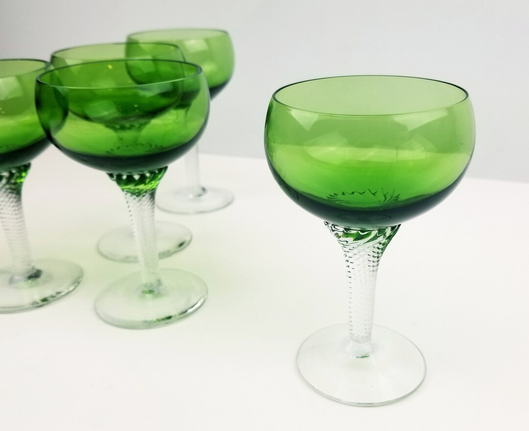 Green Glass Stemware Set of 5. VTG Emerald Green Cordial Goblets With ...