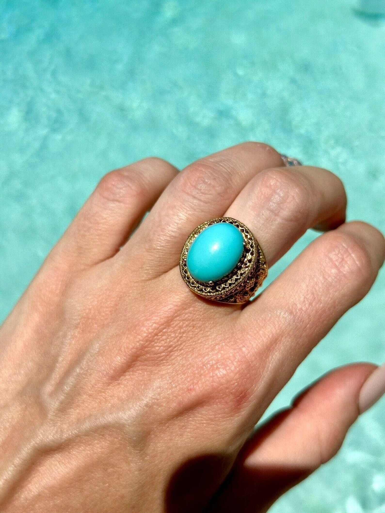 14k Solid Yellow Gold Etruscan Turquoise Statement Ring 12.52g - Etsy