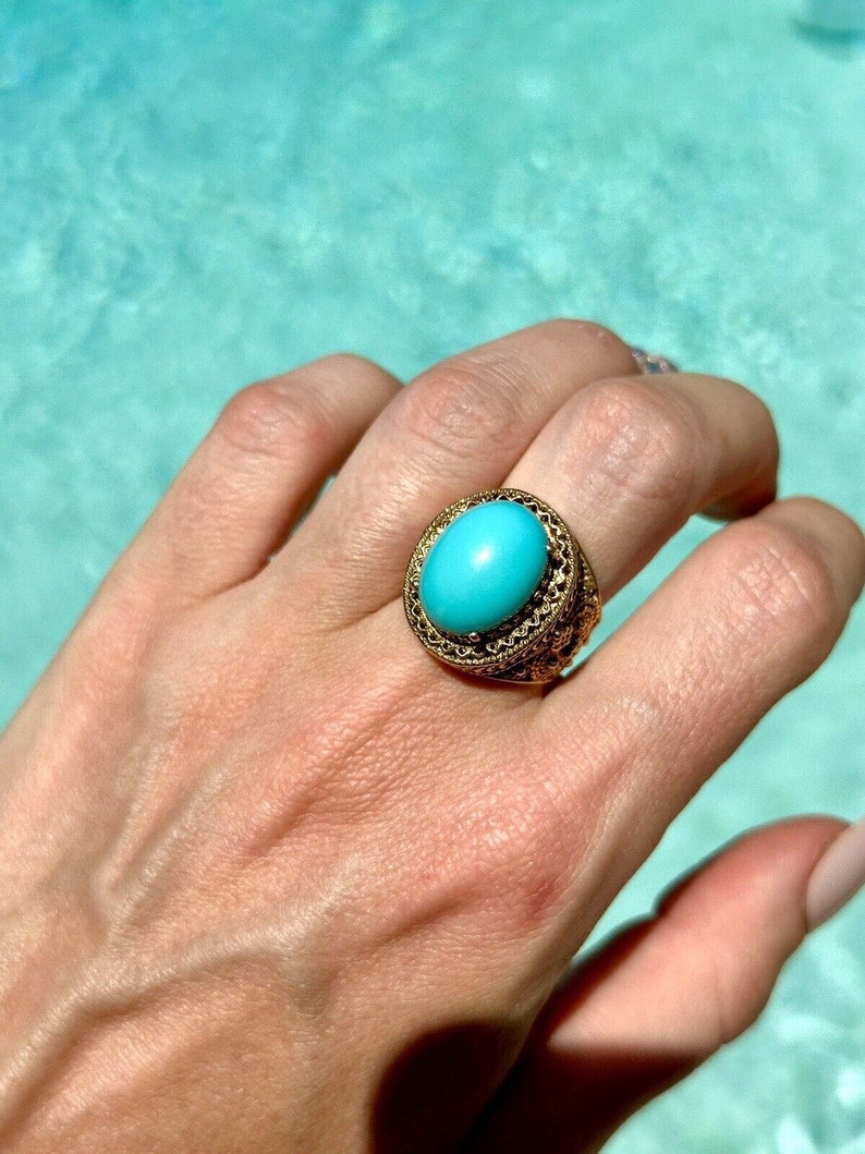 14k Solid Yellow Gold Etruscan Turquoise Statement Ring 12.52g - Etsy