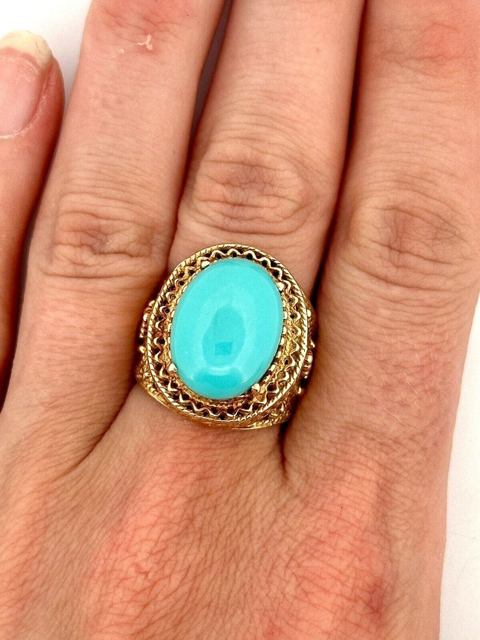 14k Solid Yellow Gold Etruscan Turquoise Statement Ring 12.52g - Etsy