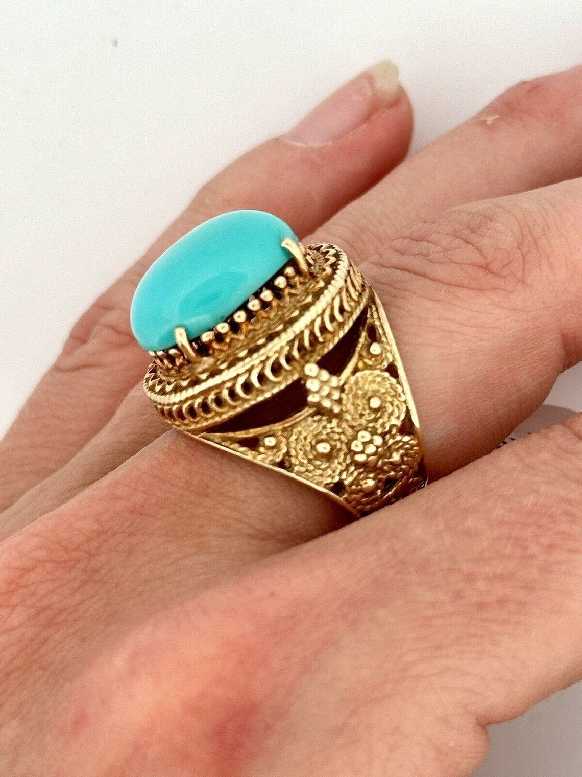 14k Solid Yellow Gold Etruscan Turquoise Statement Ring 12.52g - Etsy