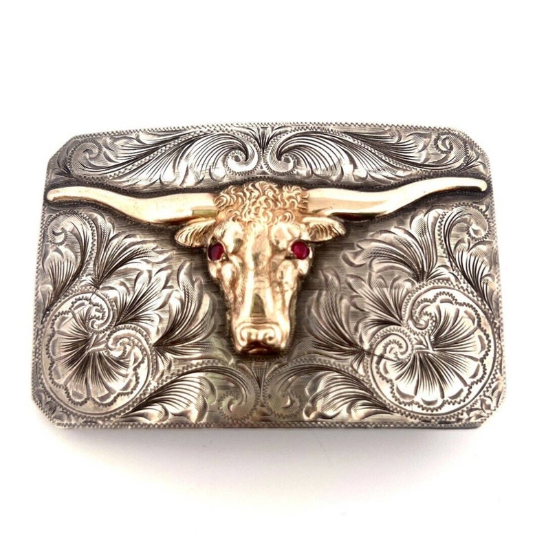 Antique Sunset Trails John Mccabe Bull Belt Buckle Sterling Silver ...