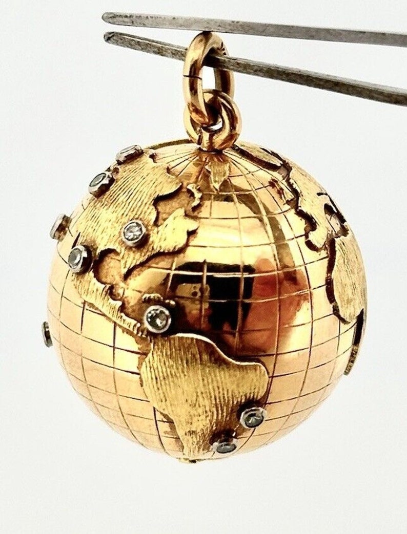 18K Gold 3D Ornate Gem Encrusted Globe Earth Travel Yellow Gold Charm ...