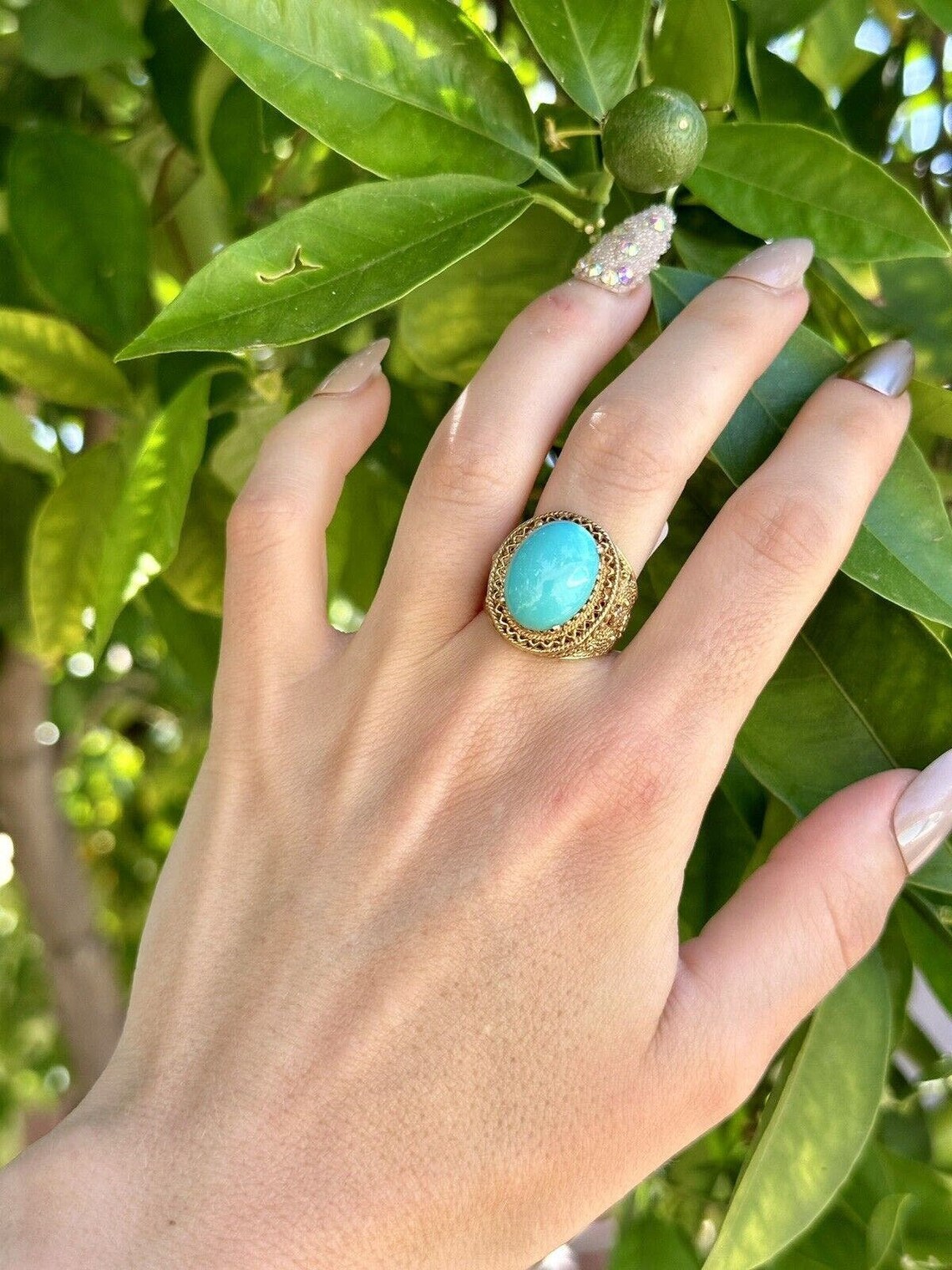 14k Solid Yellow Gold Etruscan Turquoise Statement Ring 12.52g - Etsy