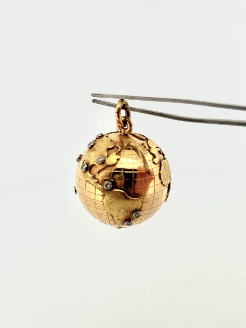 18K Gold 3D Ornate Gem Encrusted Globe Earth Travel Yellow Gold Charm ...
