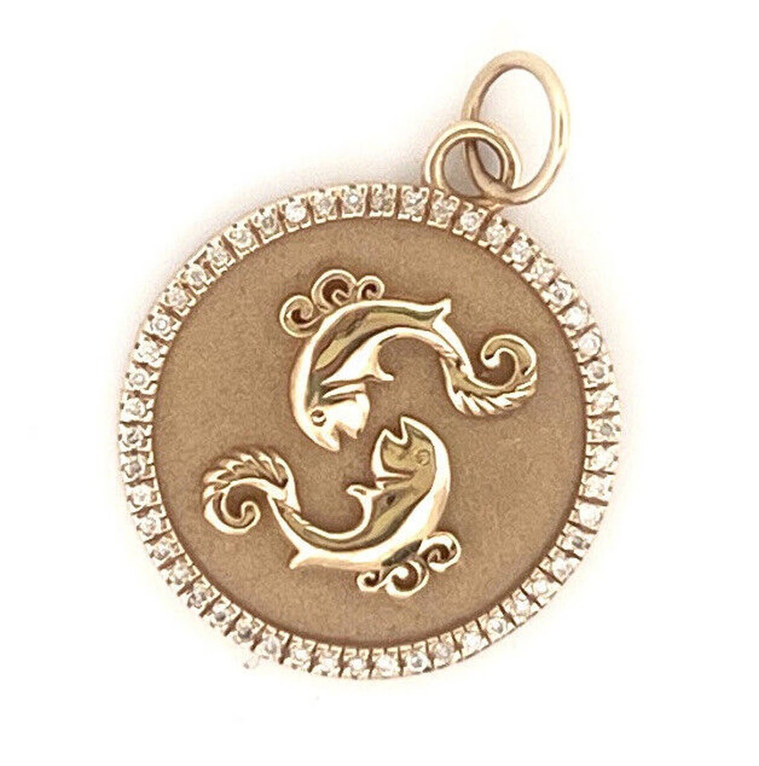 14K Solid Yellow Gold Zodiac Signs Pisces Medalion Diamonds Pendant ...