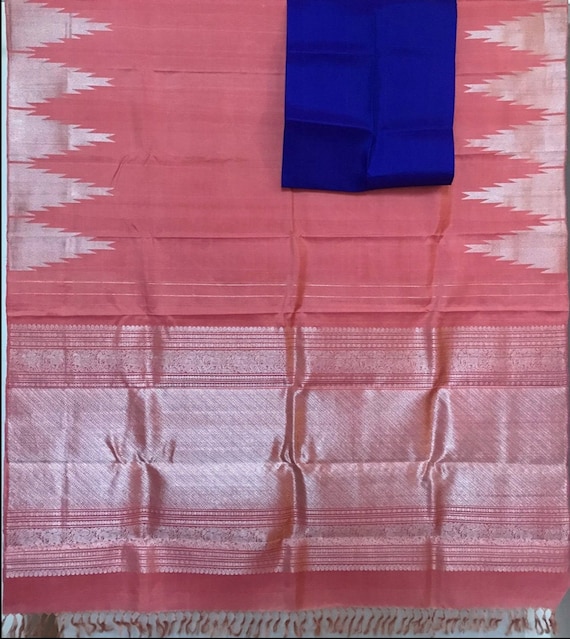 Antique pink temple border - Pure Handloom Kanchipura… - Gem