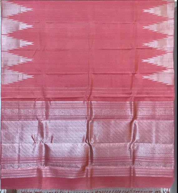 Antique pink temple border - Pure Handloom Kanchipura… - Gem