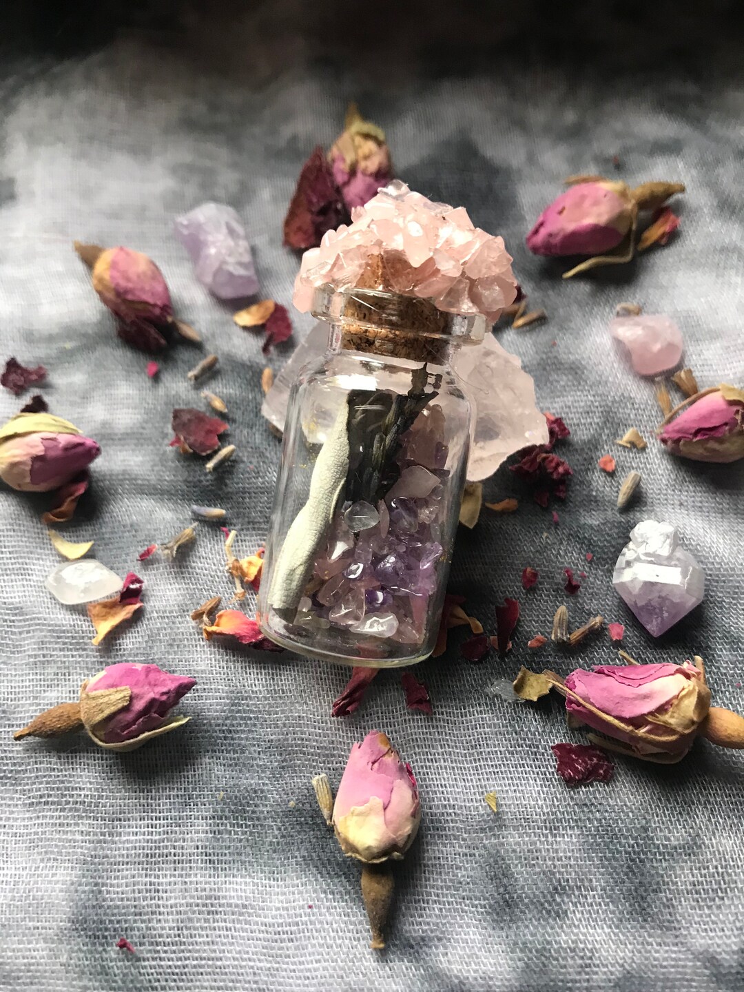 Lavender and Amethyst Crystal Cluster Spell Bottle with Rose Quartz - Etsy