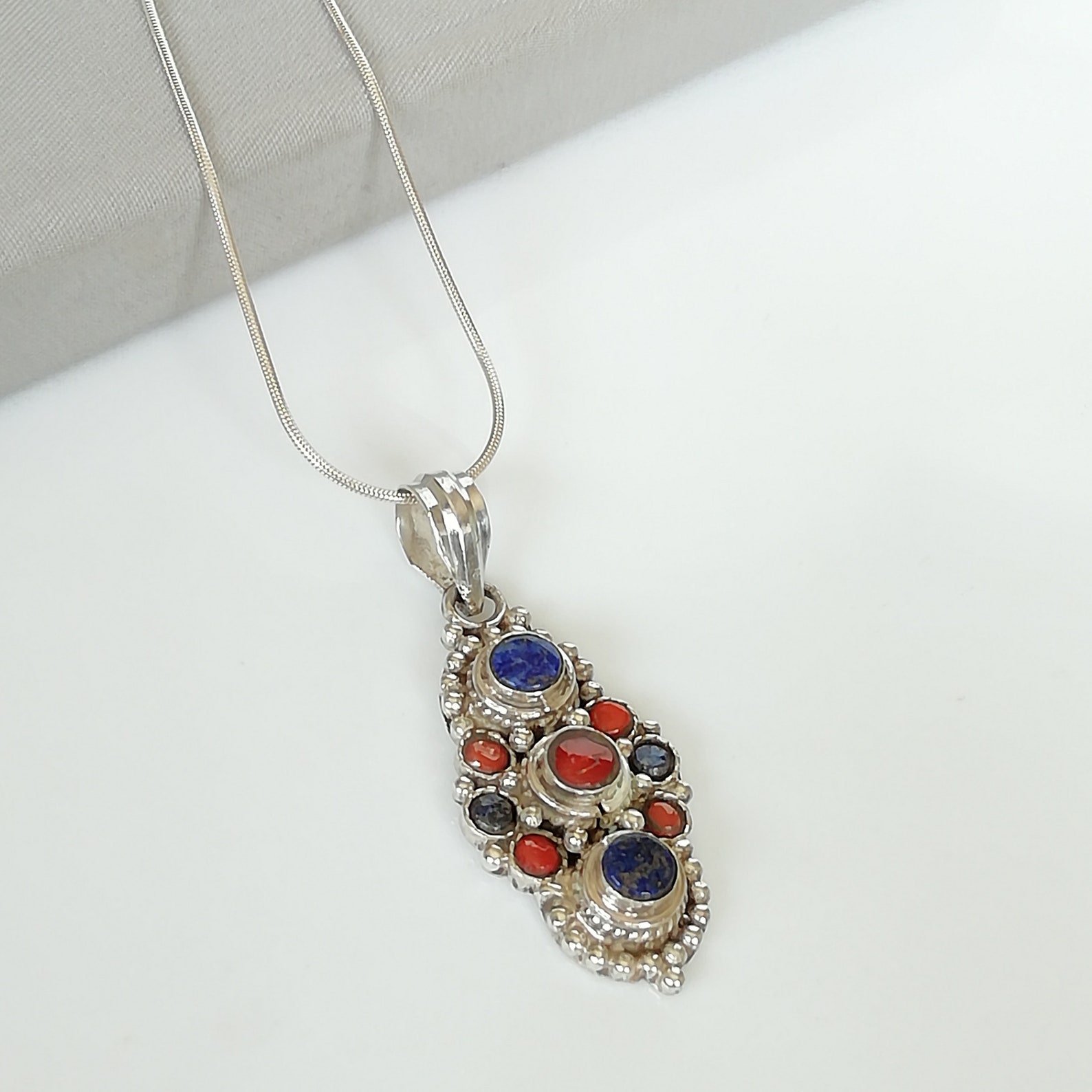 Nepalese Necklace - Coral and Lapis Pendant - Tibetan Necklace - Ethnic ...