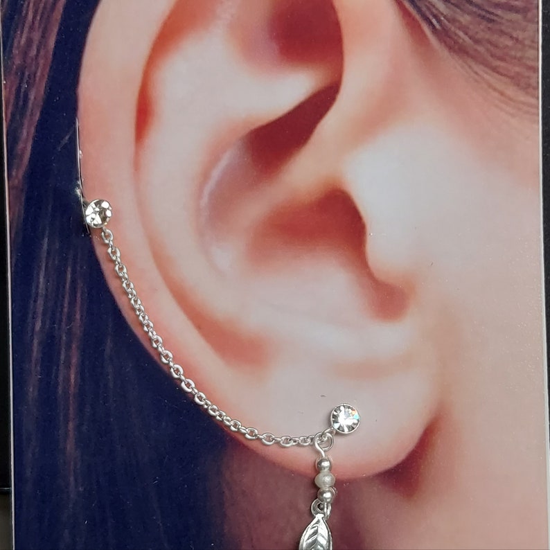Sterling Silver Ear Cuff With a Chain and a Dangling Leaf - Boho Cubic ...