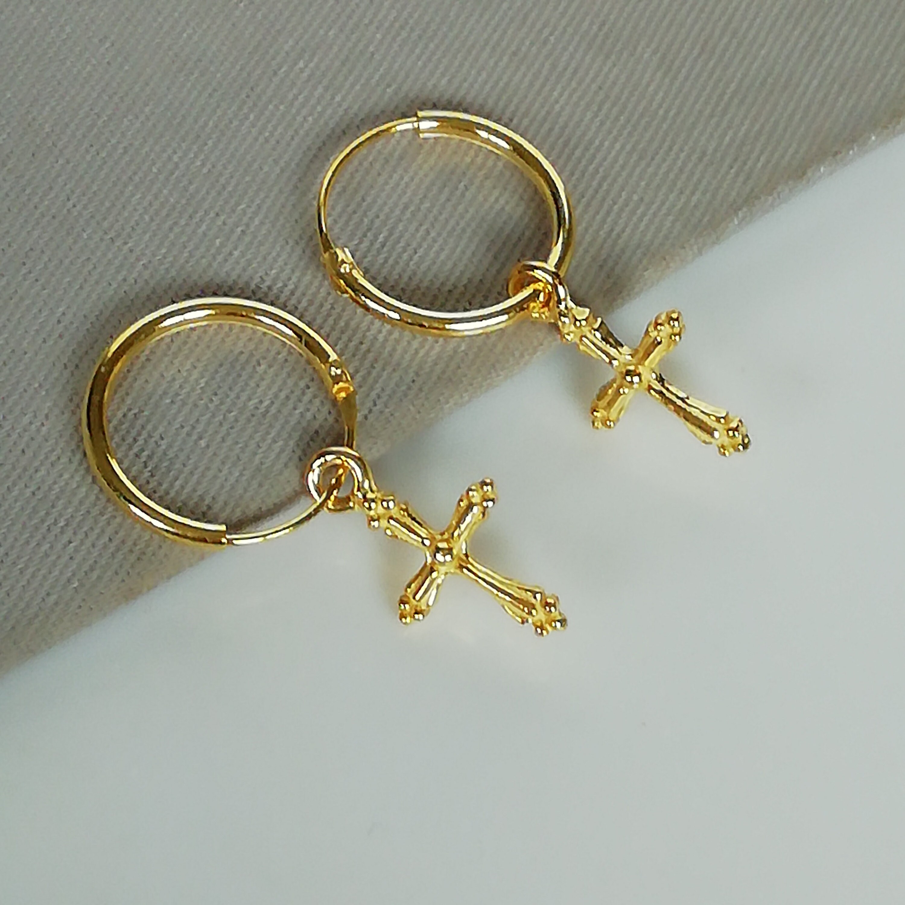 Gold Cross Charm Hoops Minimalist Hoops 12mm Hoops | Etsy