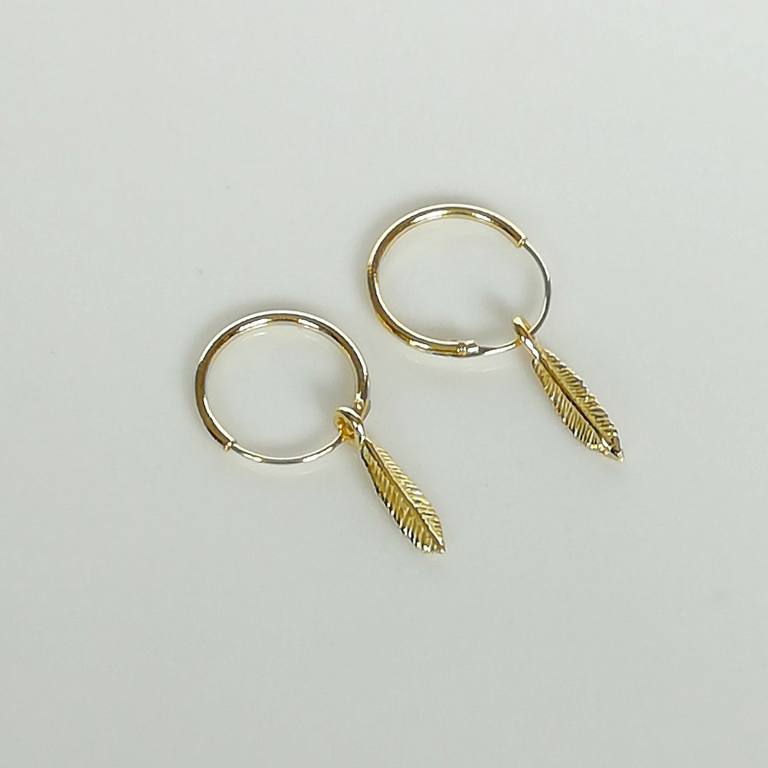 Feather Charm Hoops - Minimalist Gold Hoop - Wanderlust Jewelry - 12mm ...