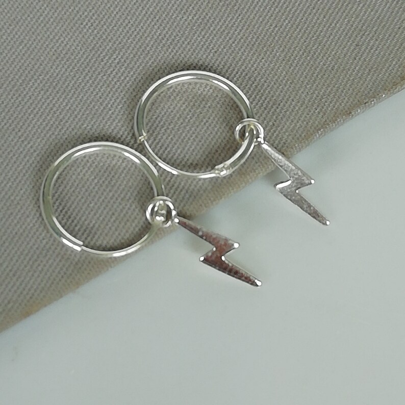 Lightning Bolt Charm Hoop Sterling Silver Hoops Minimalist - Etsy