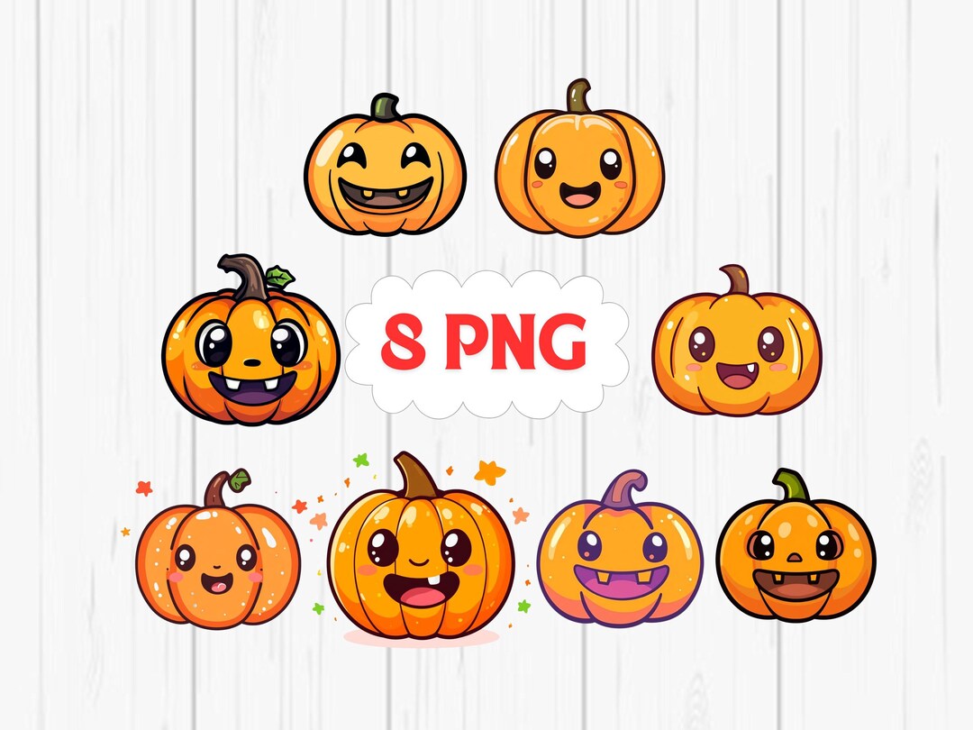 8 Kawaii Pumpkin Faces PNG Bundle Cute Halloween Pumpkins Digital ...