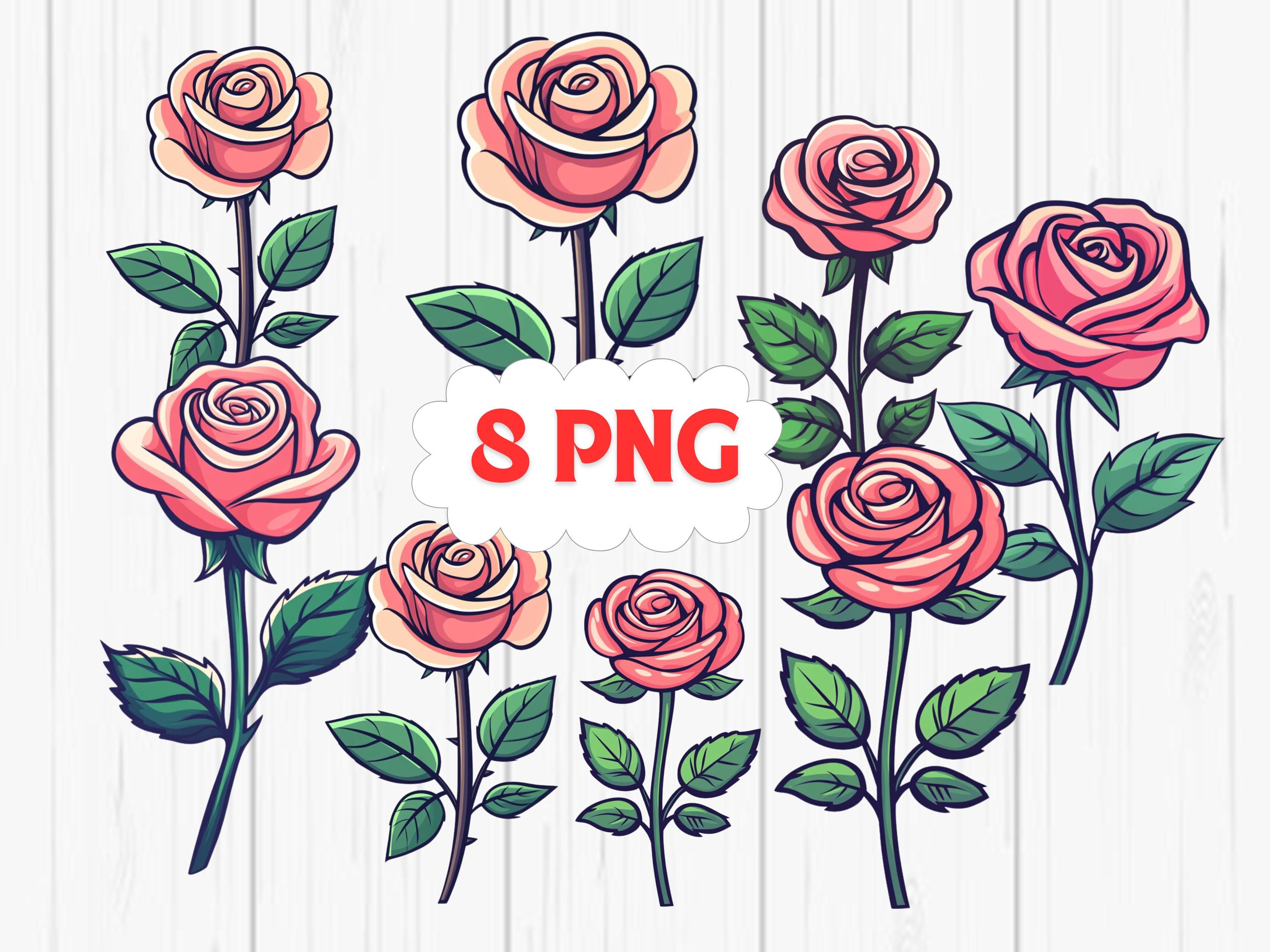 Hand-drawn Rose Clipart Bundle 8 PNG Floral Illustrations Vintage Pink ...