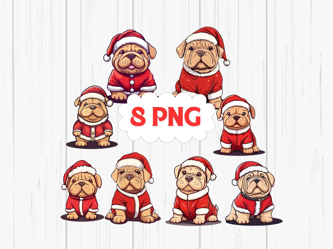 8 Shar Pei Christmas PNG Clipart, Cute Santa Hat Dogs, Holiday ...