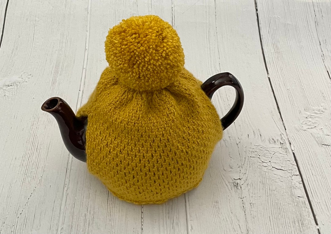 Vintage Inspired Mustard Yellow Hand Knitted Pom Pom Tea Cosy- 4-6 Cup ...