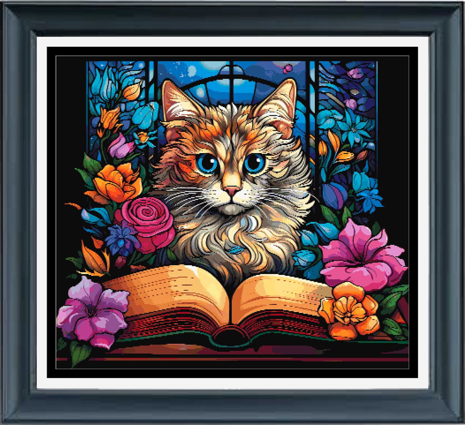 PDF Counted Cross Stitch Pattern - Stained Glass Cat Reading. Printable ...