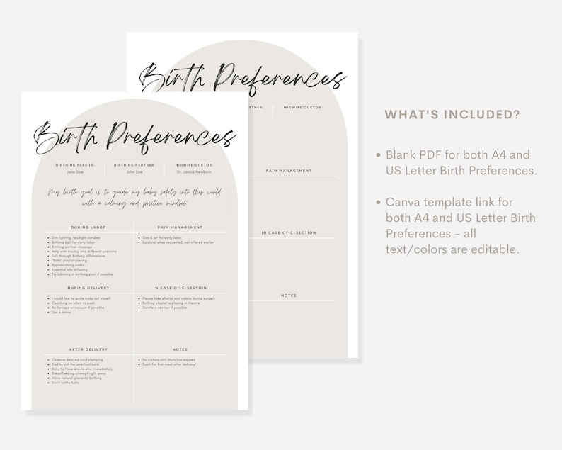 Editable Birth Plan Template, Canva Template, Simple Printable Birthing ...