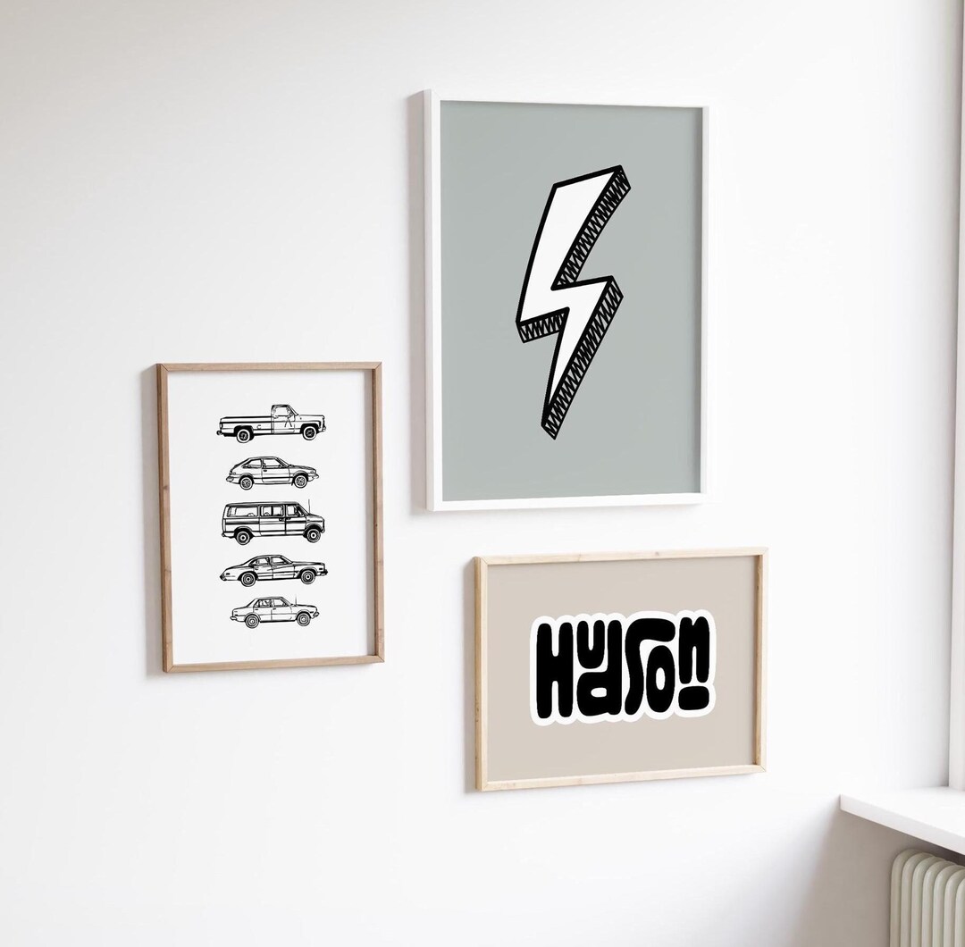 Personalized Name Lightning Bolt Vintage Cars Beige Gallery Wall Set of ...
