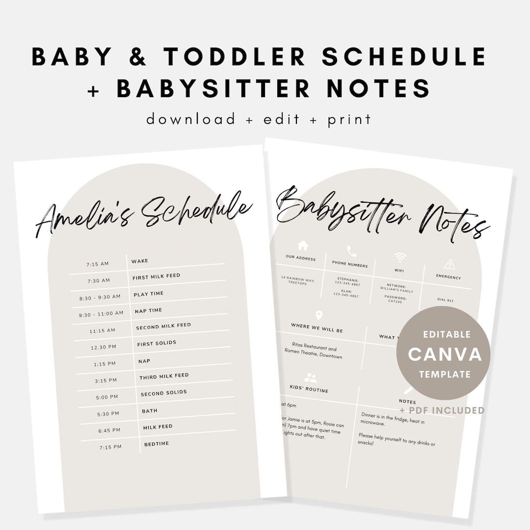 Editable Baby & Toddler Schedule + Babysitter Notes Template, Canva ...