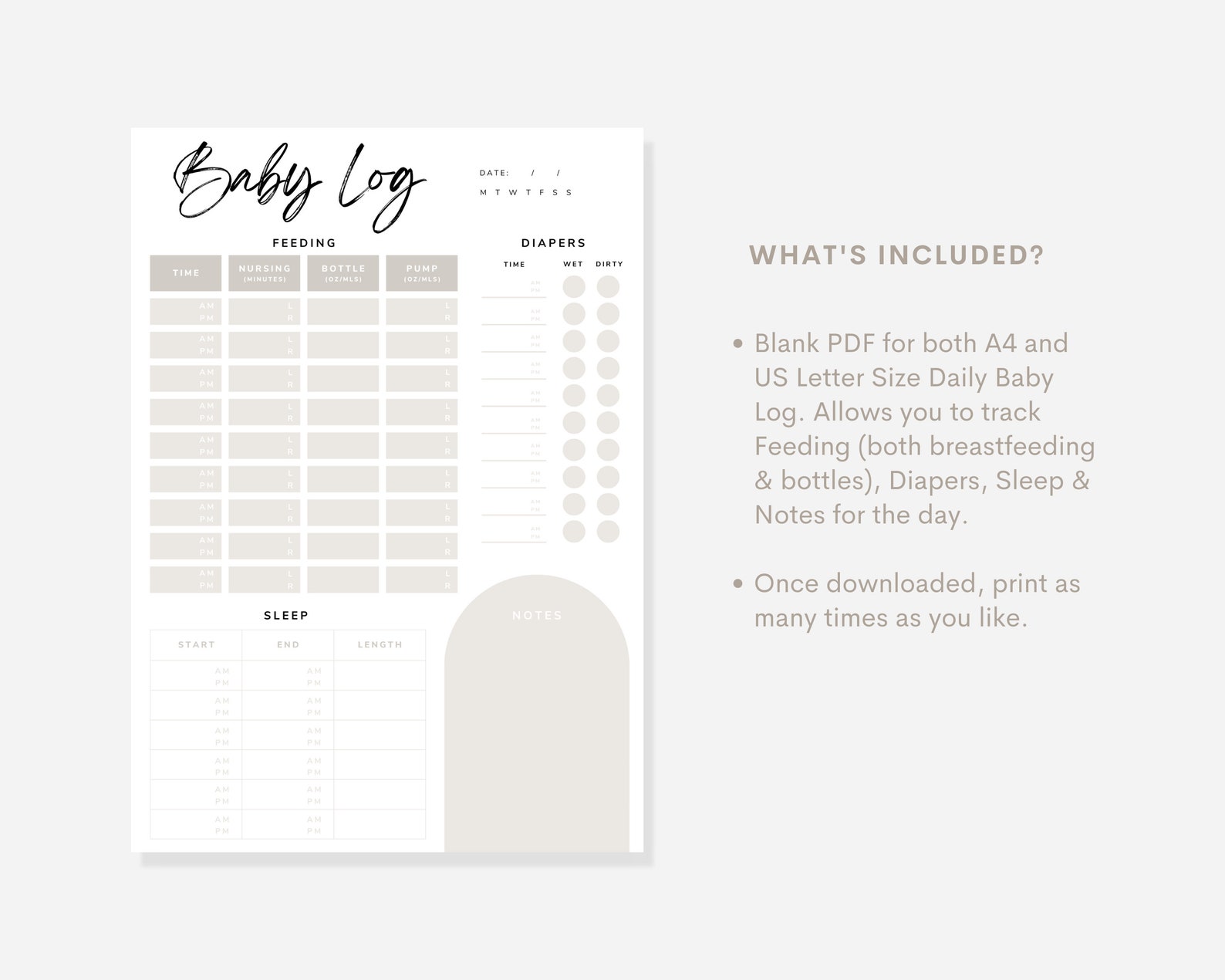 Daily Baby Log Digital Download Printable, Simple PDF Baby Log, Neutral ...