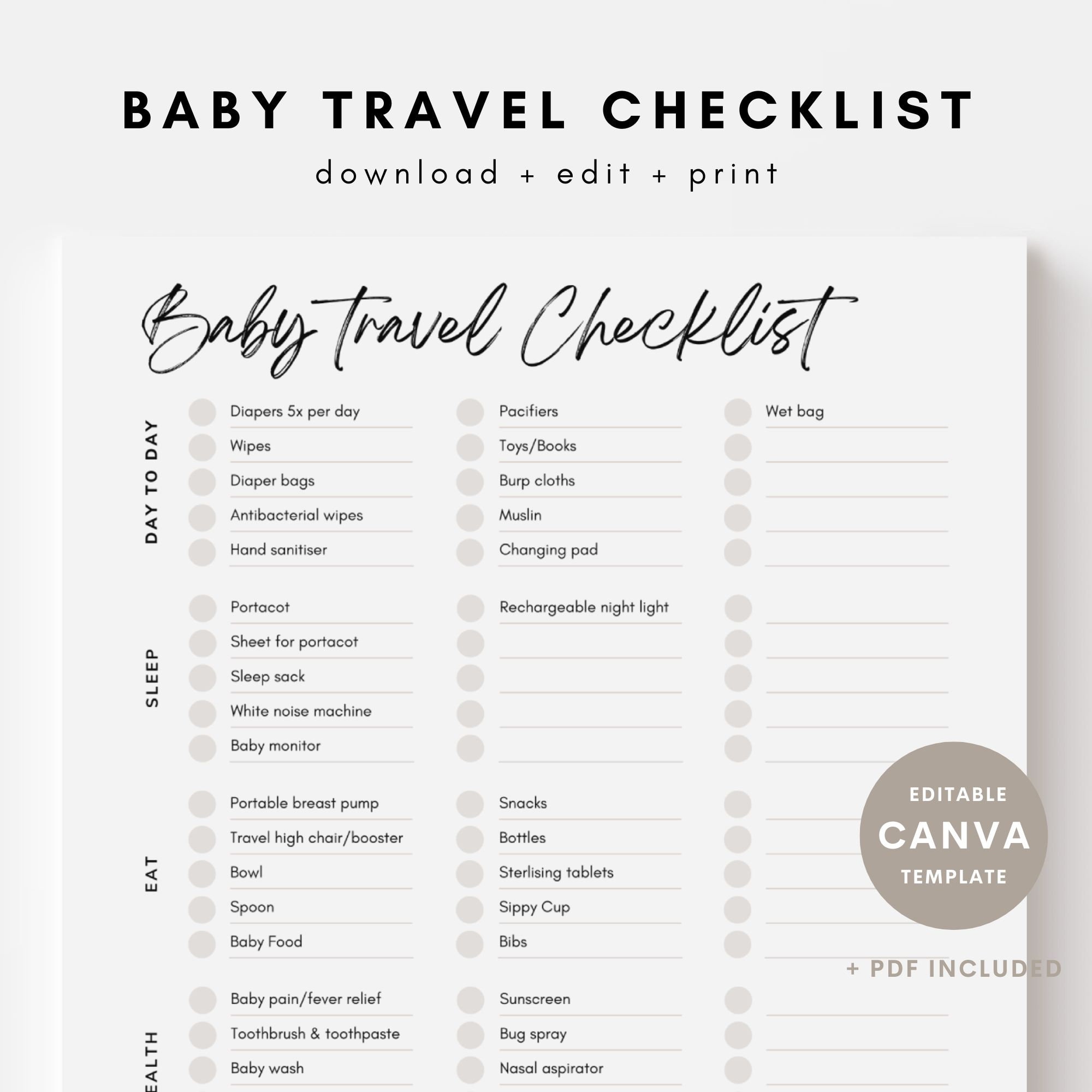 Editable Baby Travel Checklist Template, Canva Template, Printable ...
