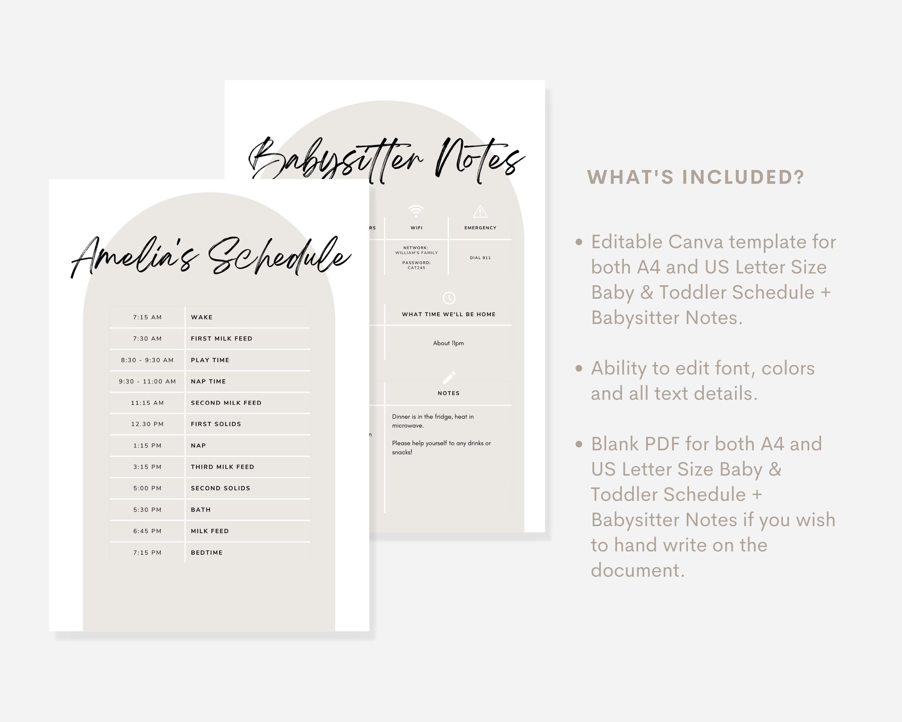 Editable Baby & Toddler Schedule Babysitter Notes Template - Etsy