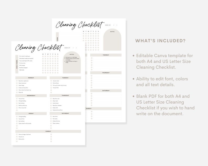 Editable Cleaning Checklist Template Canva Template Weekly - Etsy
