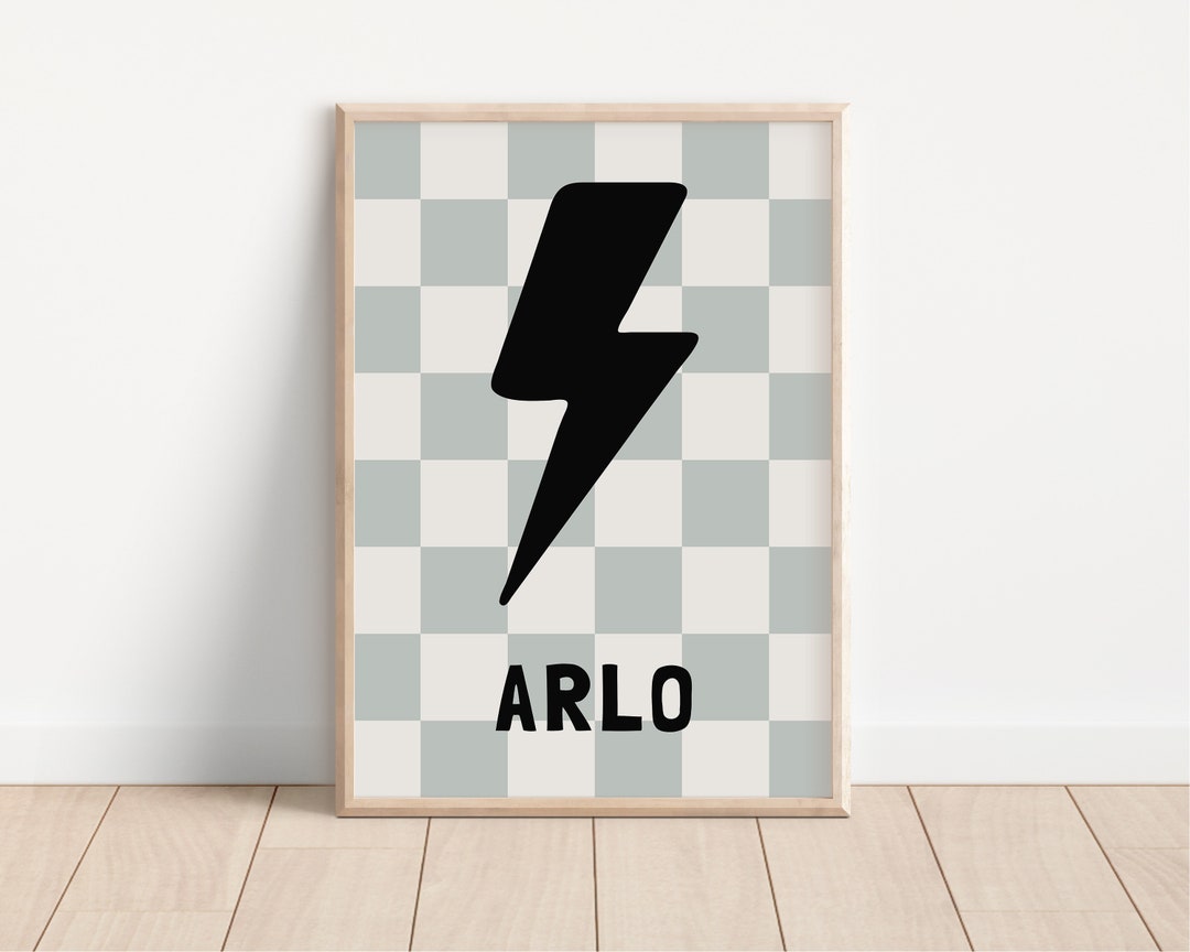 Personalized Lightning Name Digital Print, Checker Modern Wall Art ...