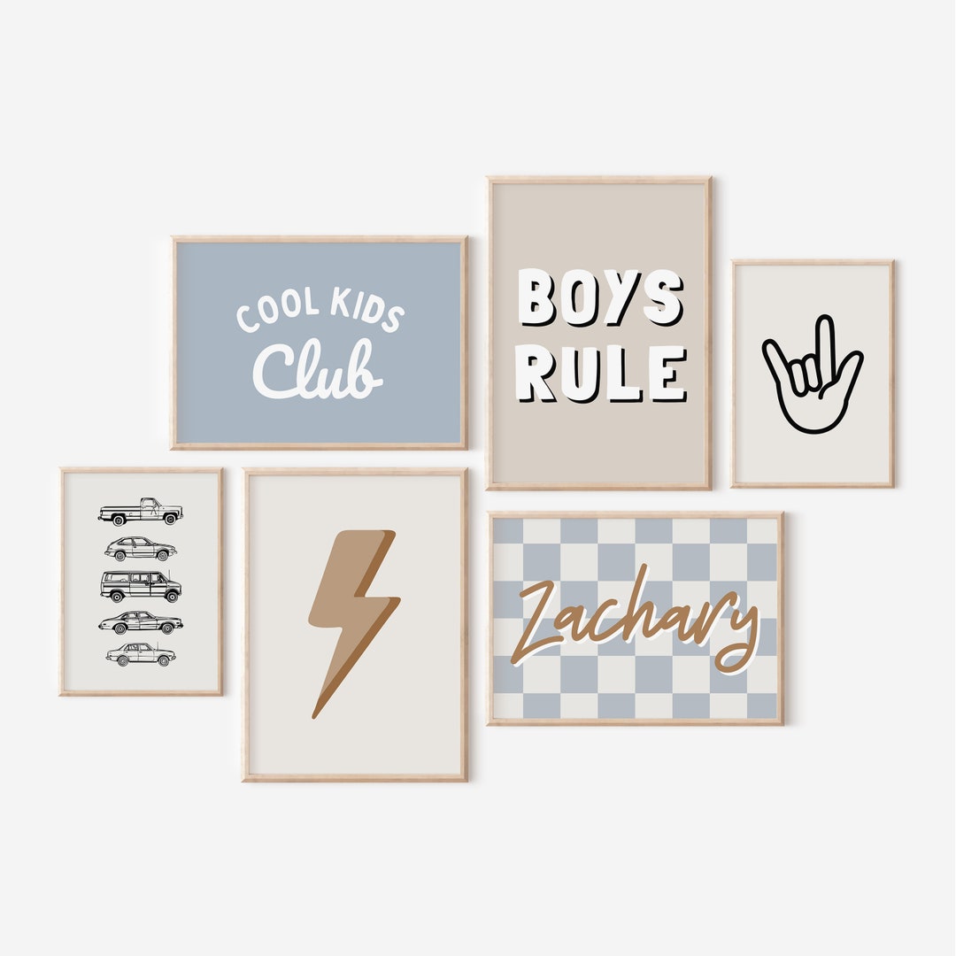 Personalized Name Boys Rule Lightning Bolt Gallery Wall Set of 6 ...