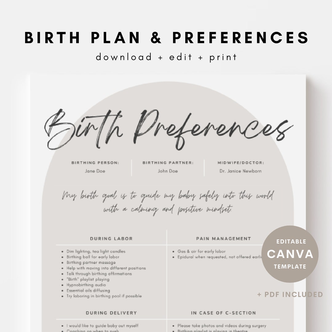 Editable Birth Plan Template, Canva Template, Simple Printable Birthing ...