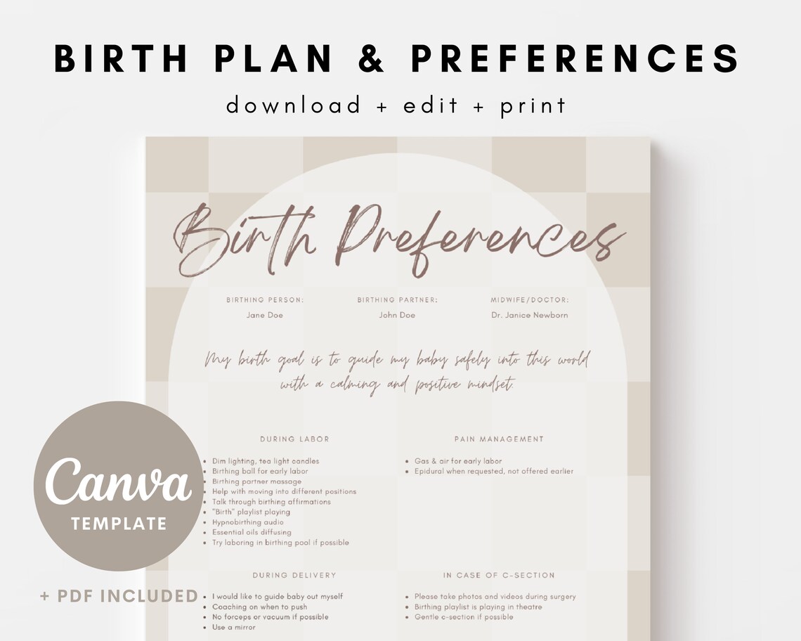 Editable Birth Plan Template Canva Template Neutral Simple - Etsy