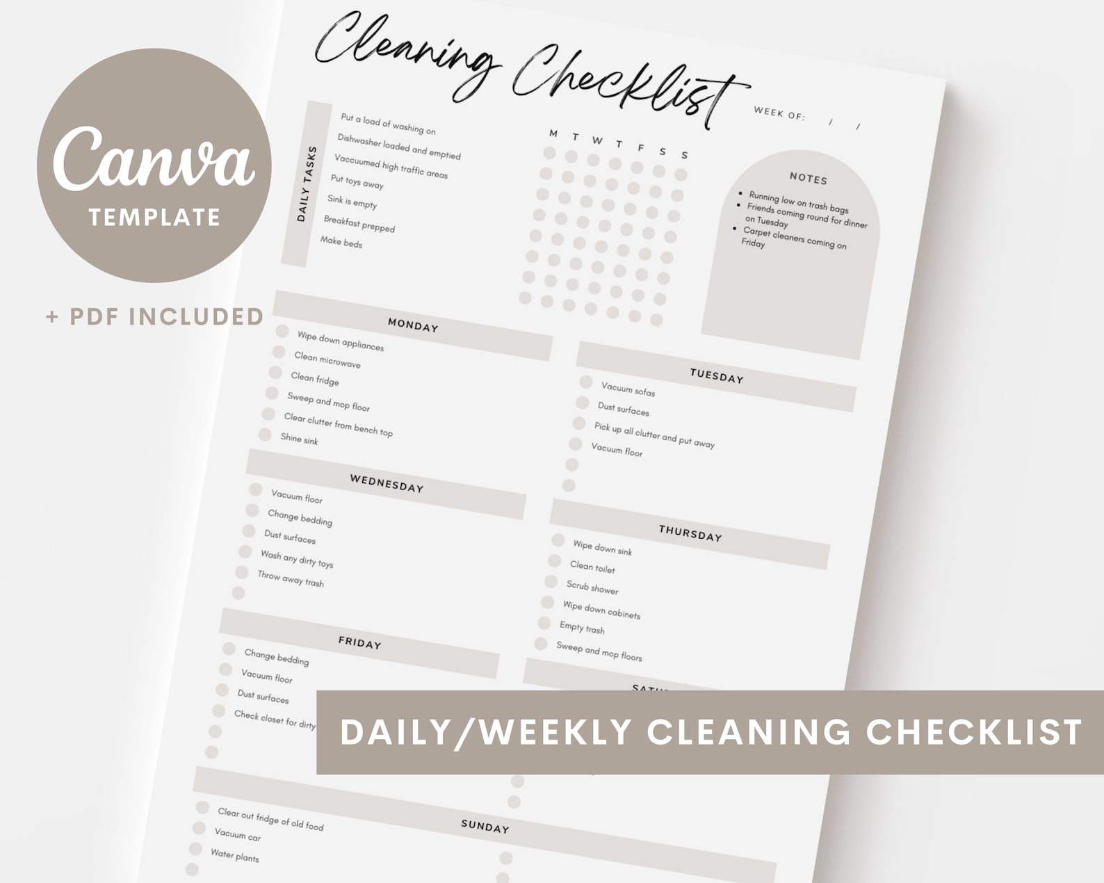 Editable Cleaning Checklist Template Canva Template Weekly - Etsy