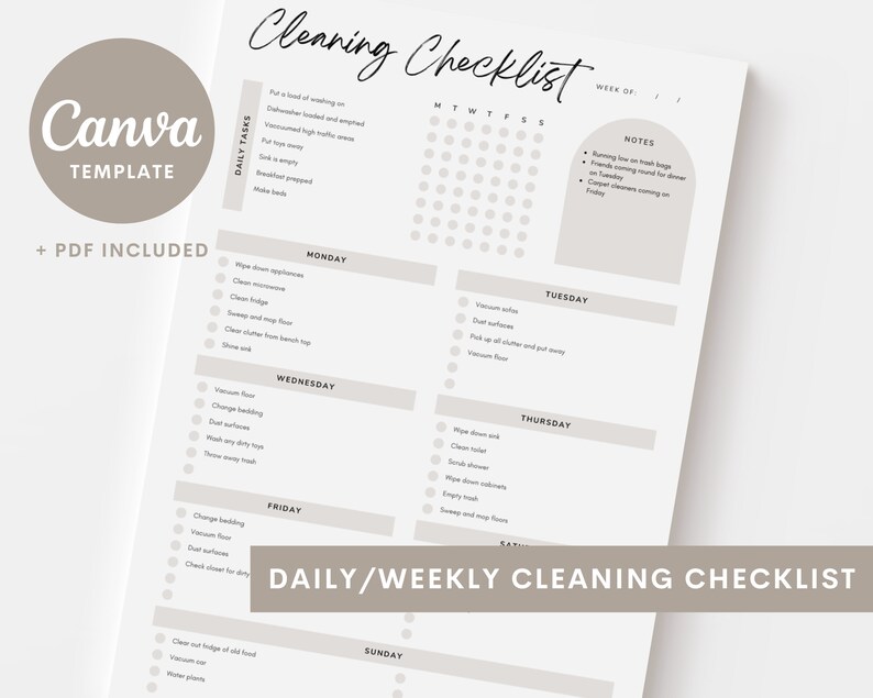 Editable Cleaning Checklist Template Canva Template Weekly - Etsy
