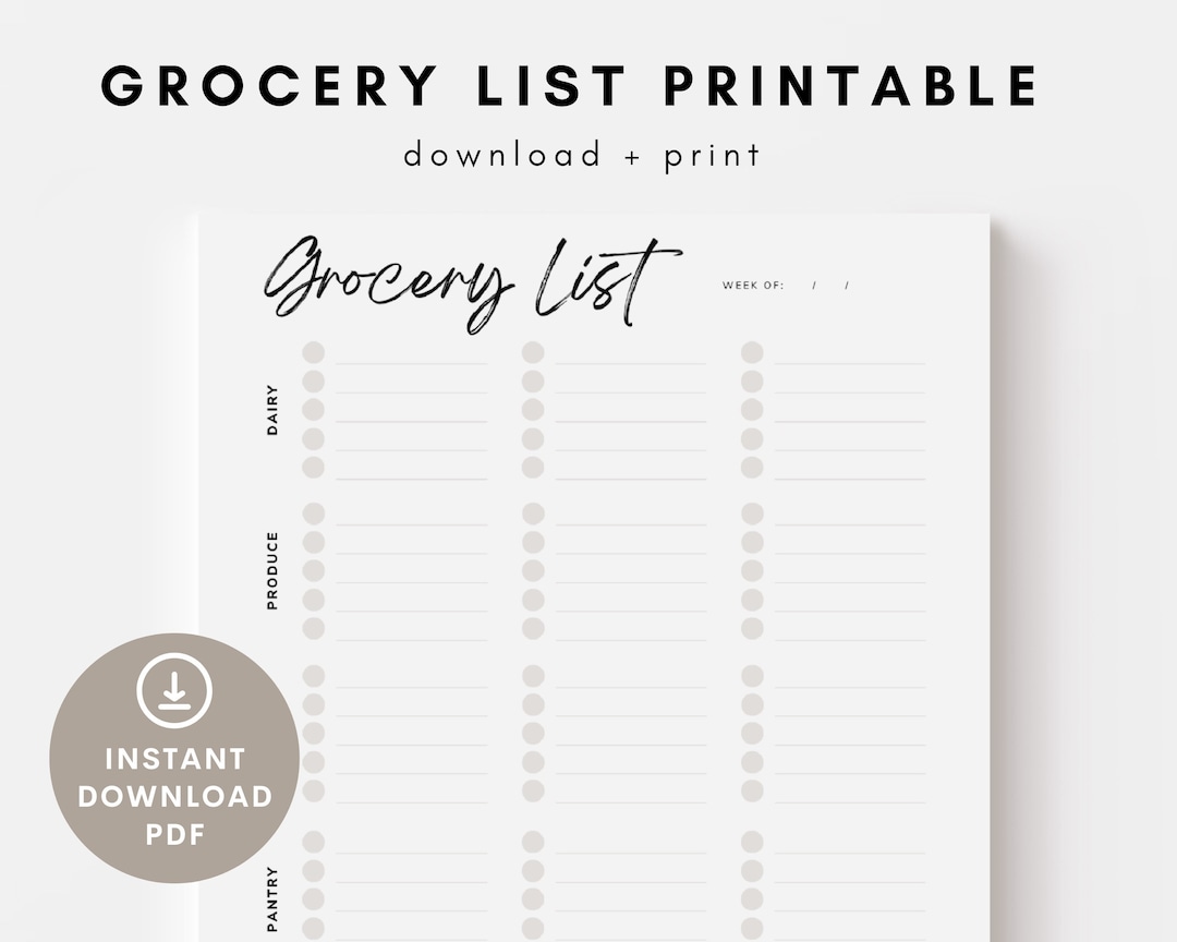 Grocery List Printable, Minimalist Simple Shopping List Planner, A4 and ...