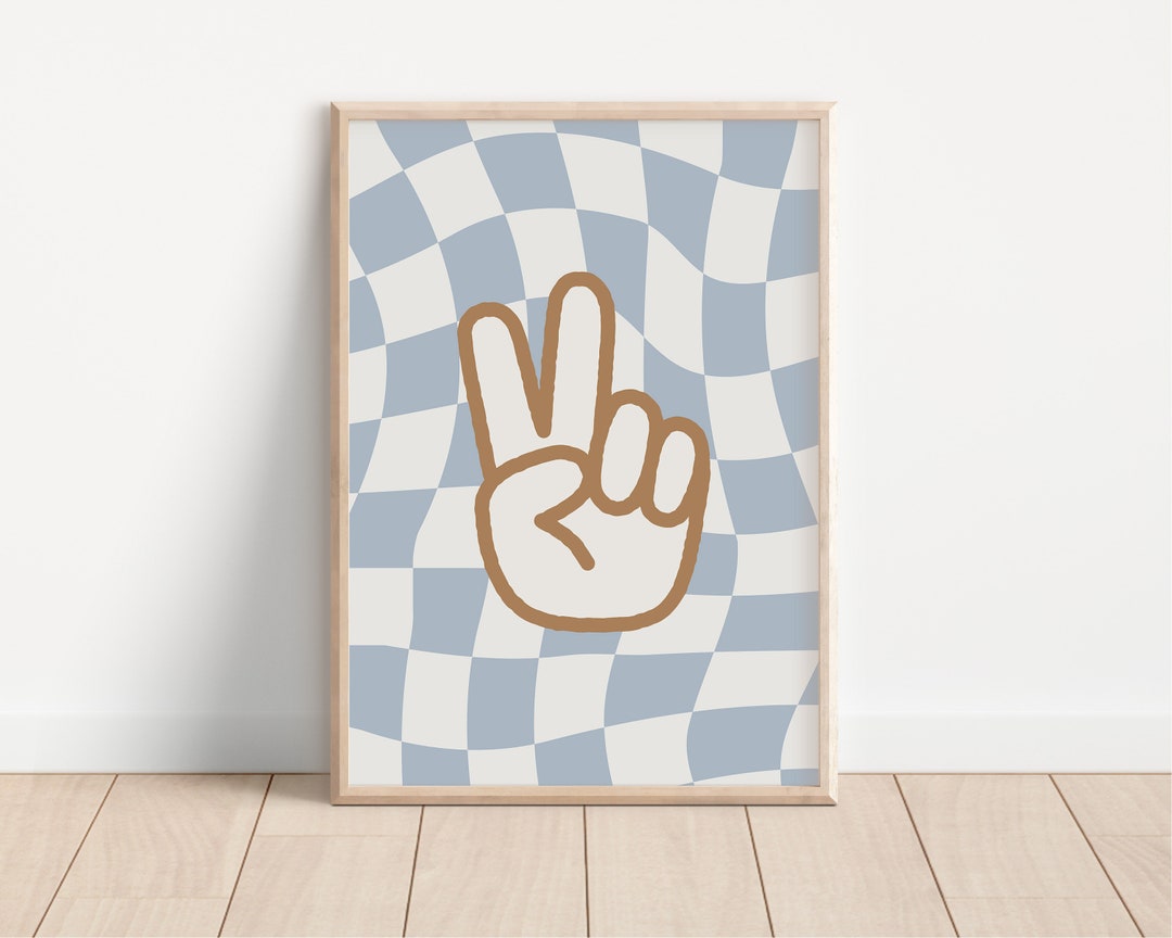 Checkerboard Peace Sign Digital Print, Neutral Blue Wall Art, Neutral ...