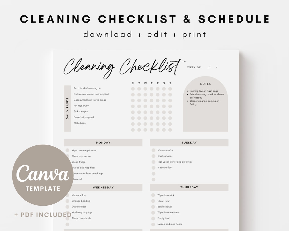 Editable Cleaning Checklist Template Canva Template Weekly - Etsy