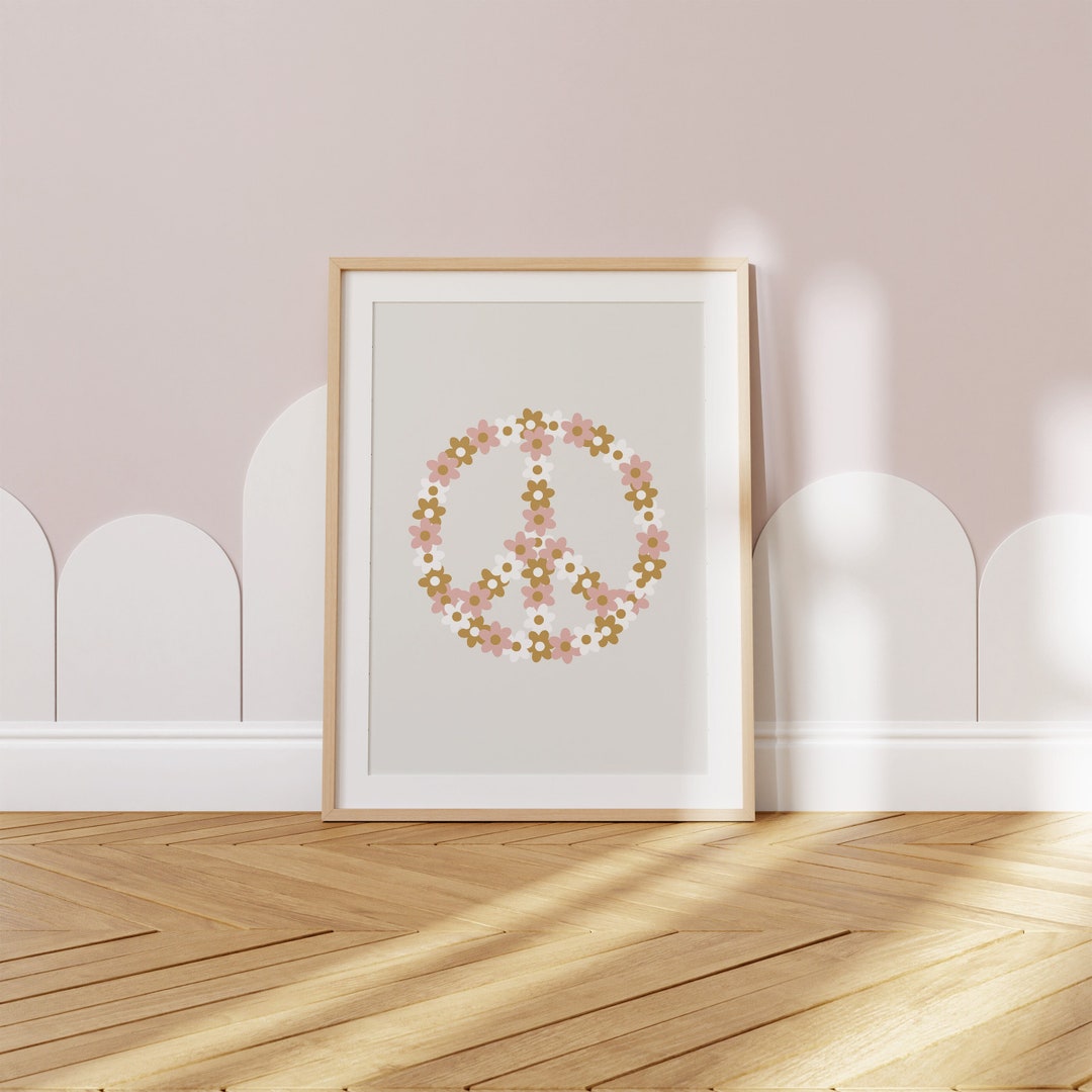 Retro Daisy Peace Sign Digital Print, Daisy Nursery Decor, Neutral ...