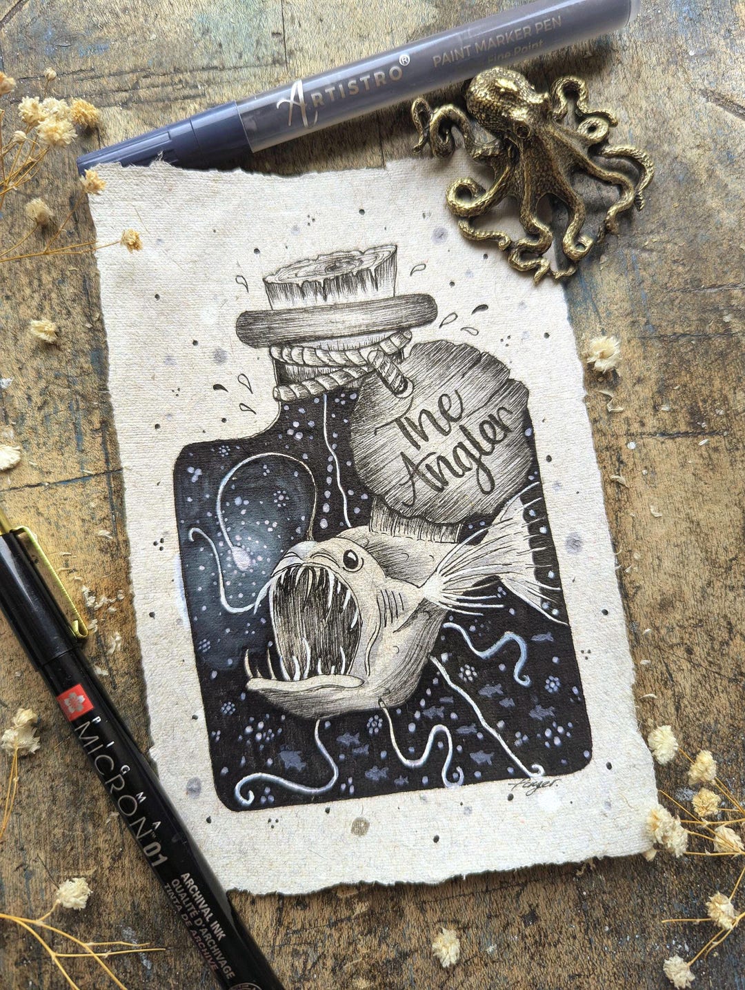 The Angler Fish Line Drawing, Sea Monster Home Decor, Deep Sea ...